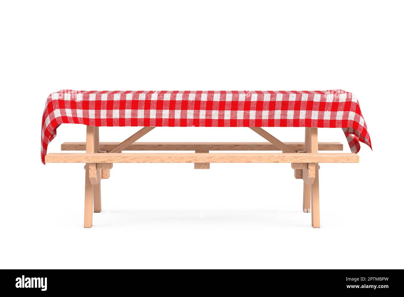 Wooden Picnic Table with Benches and Red Plaid Tablecloth on a white ...