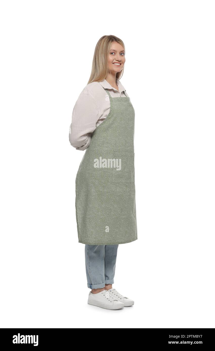Beautiful young woman in clean apron on white background Stock Photo ...