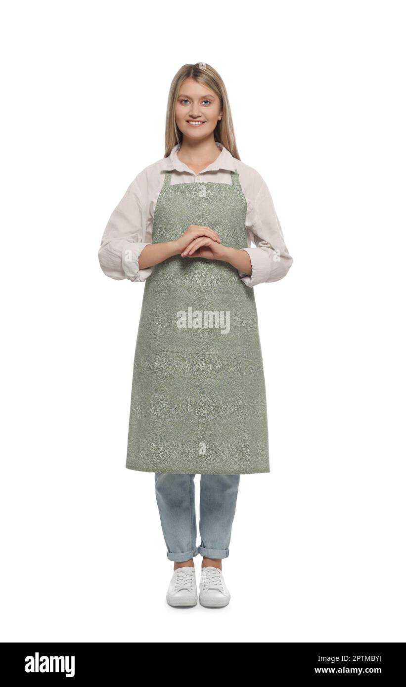 Beautiful young woman in clean apron on white background Stock Photo ...