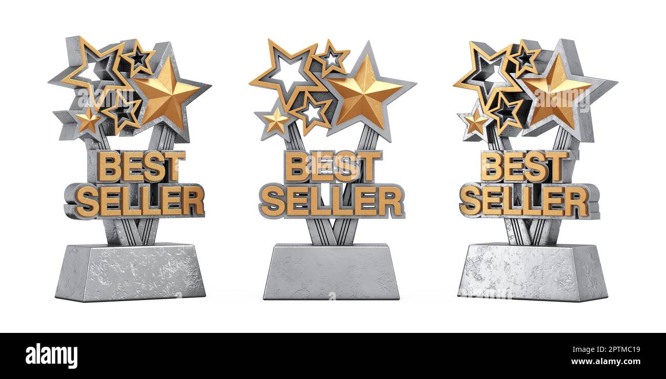Golden Best Seller Business Award Trophy on a white background. 3d ...