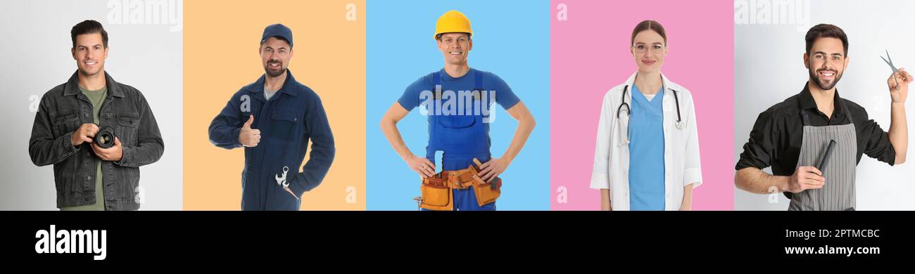 Collage with photos of people of different professions on color ...