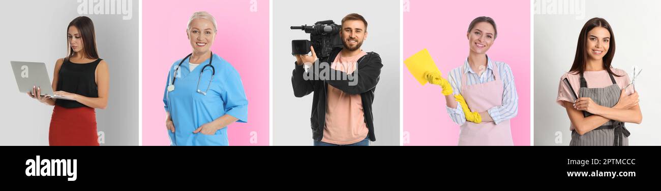 Collage with photos of people of different professions on color ...