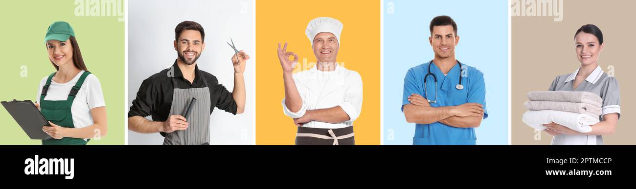 Collage with photos of people of different professions on color ...