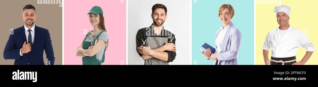 Collage with photos of people of different professions on color ...