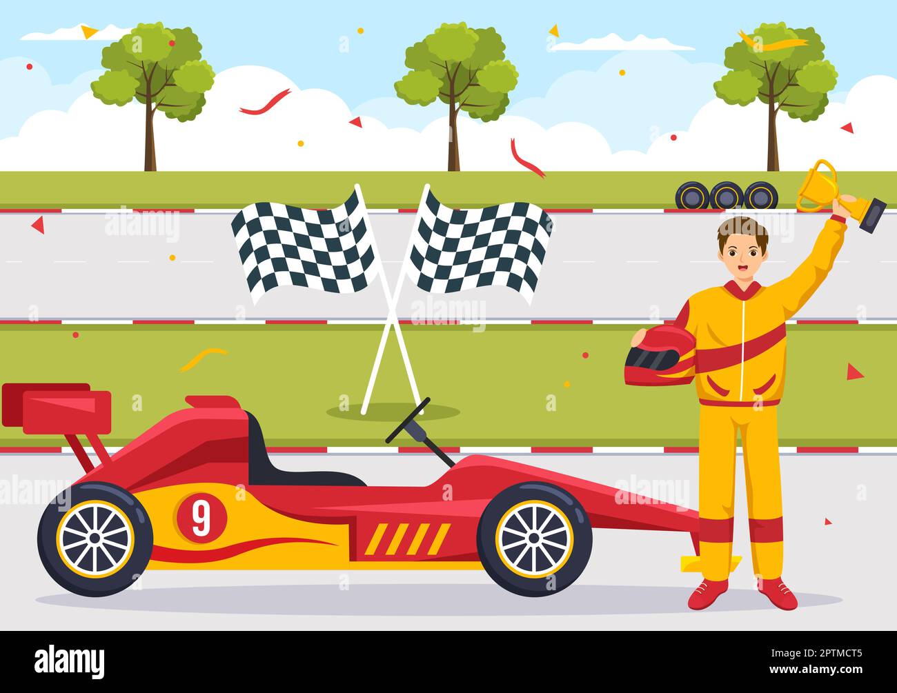 Formula Racing Sport Car Reach on Race Circuit the Finish Line Cartoon ...