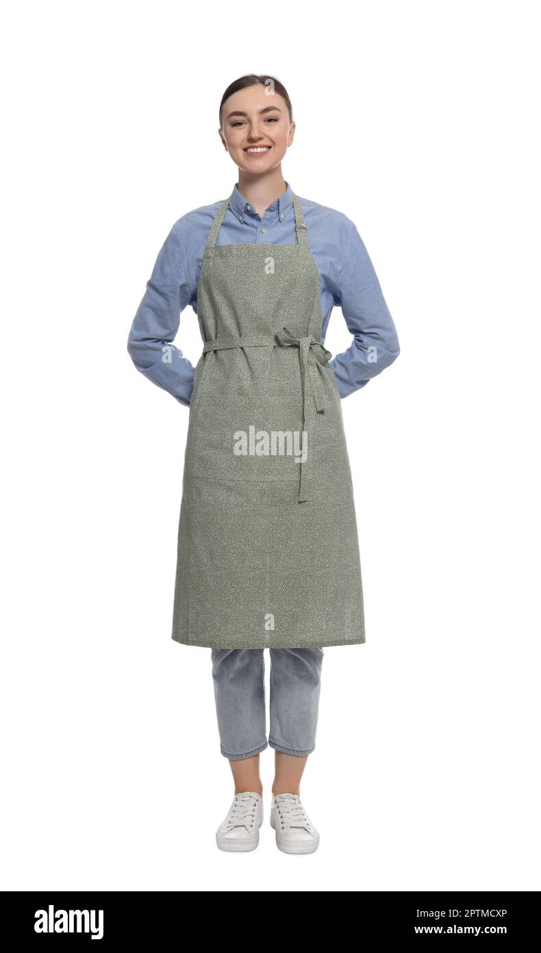 Beautiful young woman in clean apron on white background Stock Photo ...