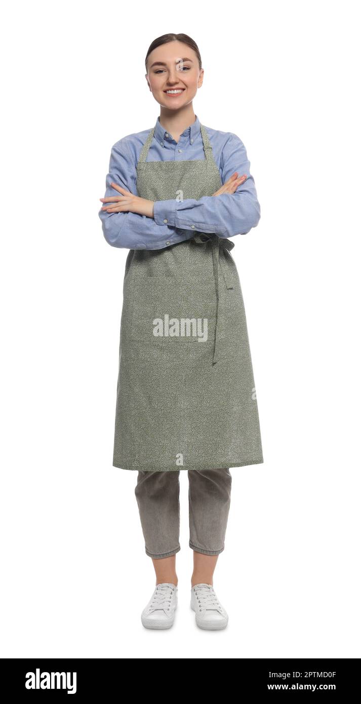 Beautiful young woman in clean apron on white background Stock Photo ...