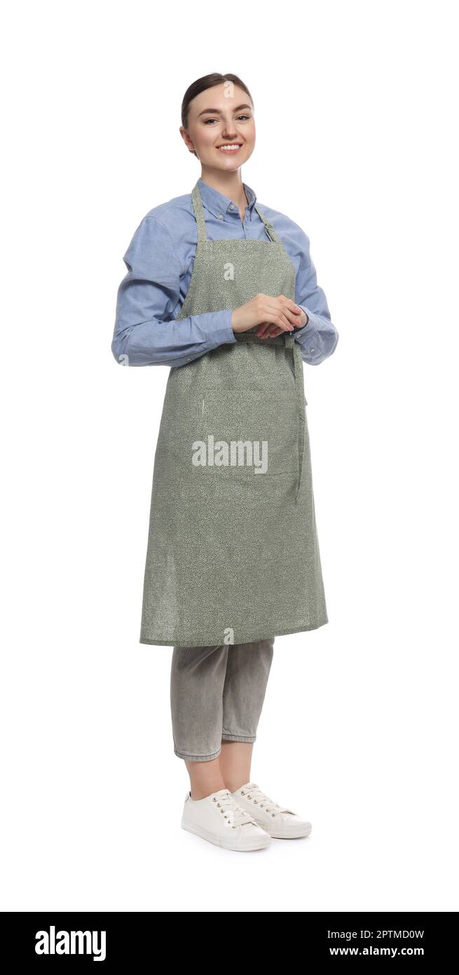Beautiful young woman in clean apron on white background Stock Photo ...
