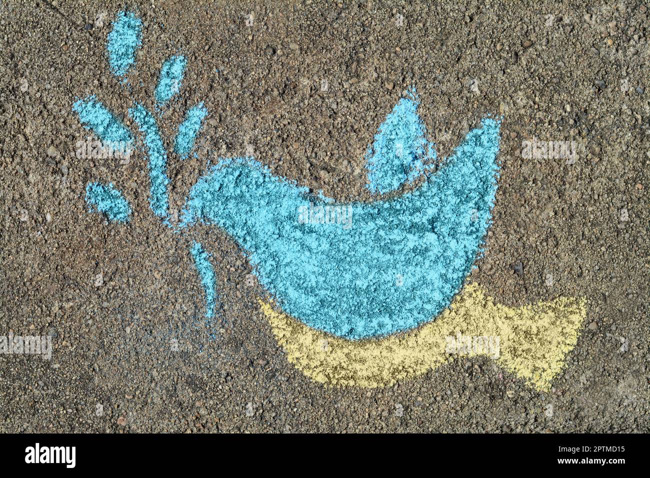 Bird drawn by blue and yellow chalk on asphalt, top view Stock Photo ...