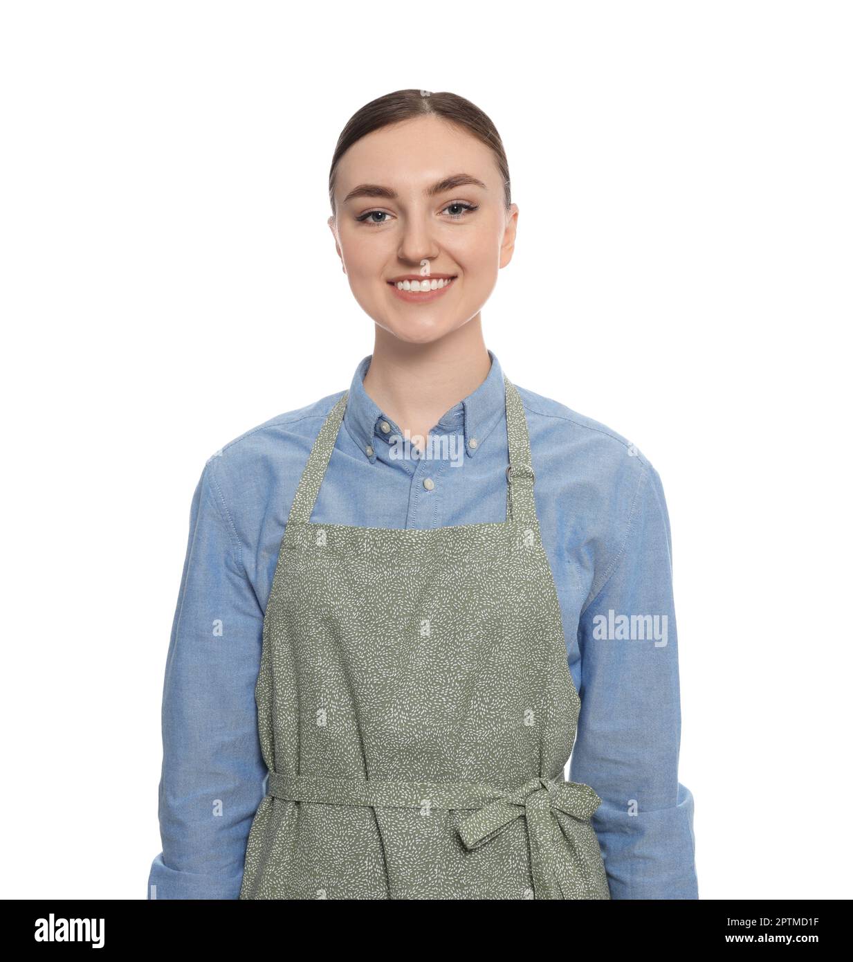 Beautiful young woman in clean apron on white background Stock Photo ...