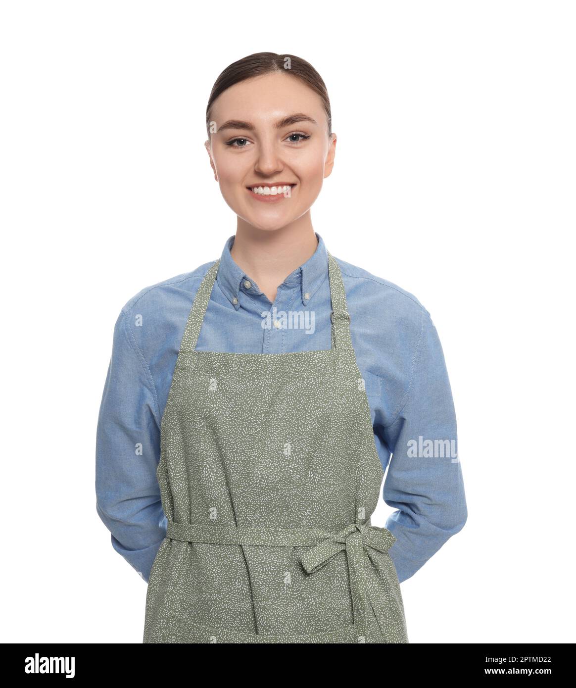 Beautiful young woman in clean apron on white background Stock Photo ...