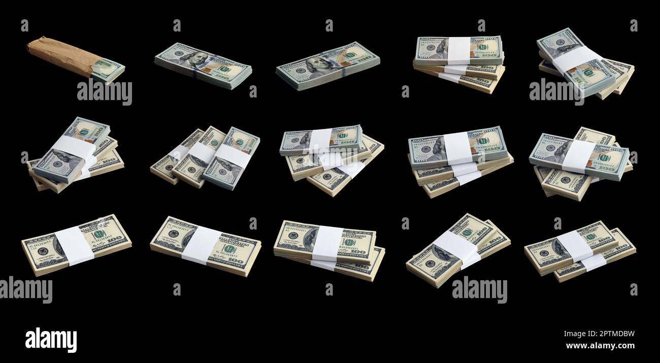 Big set of bundles of US dollar bills isolated on black. Collage with ...
