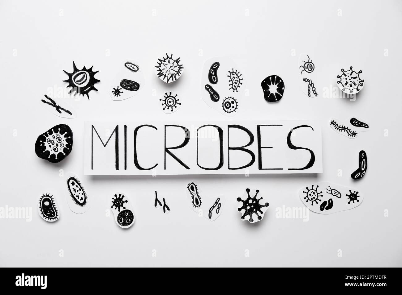 Card with word Microbes and pictures on white background, flat lay ...