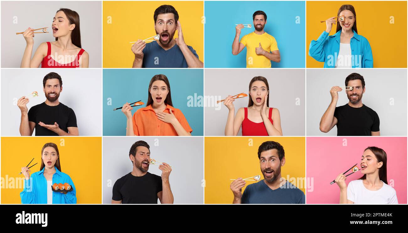 Collage with photos of people eating tasty sushi and rolls on different color backgrounds Stock ...