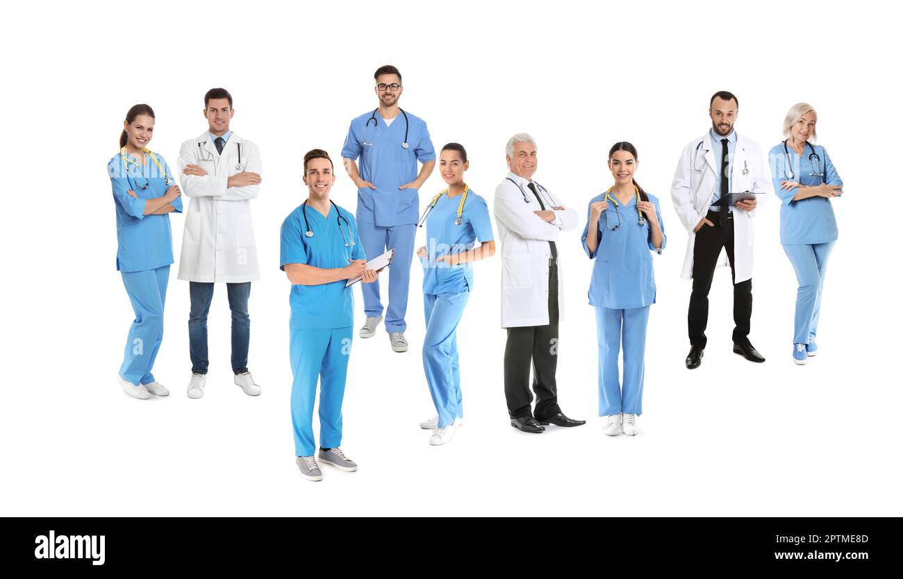 Collage with photos of doctors on white background Stock Photo - Alamy