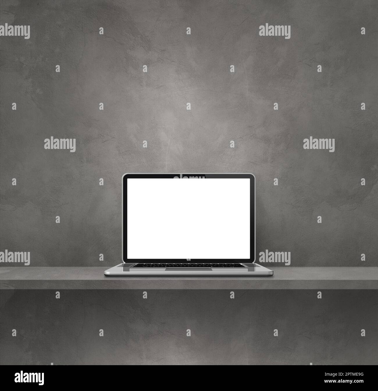 Laptop computer on grey shelf. Square background. 3D Illustration Stock ...