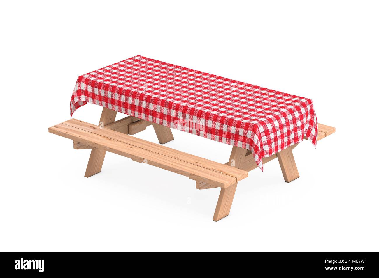 Wooden Picnic Table with Benches and Red Plaid Tablecloth on a white ...