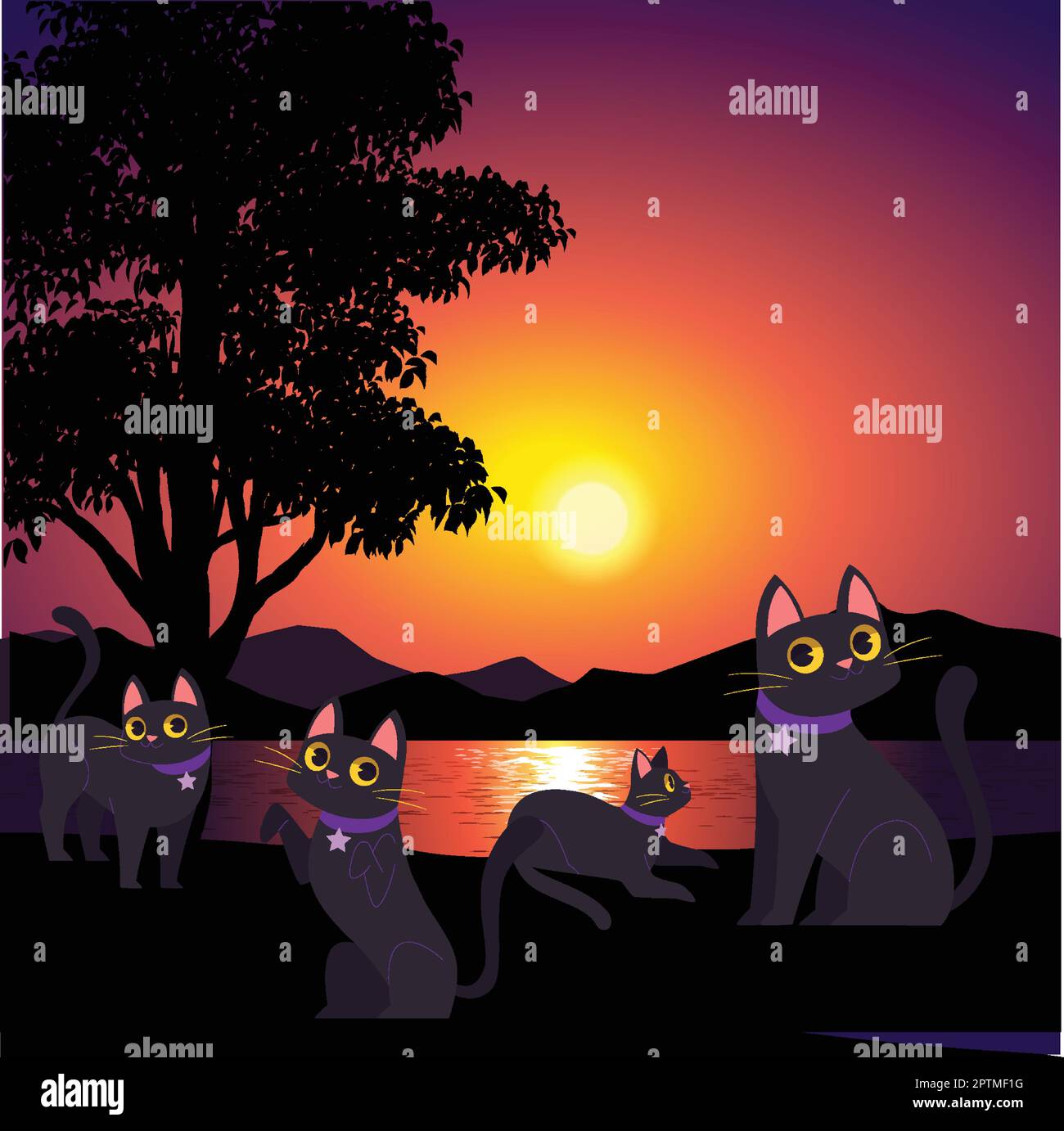 many cats playing on sunset vector illustration Stock Vector Image ...