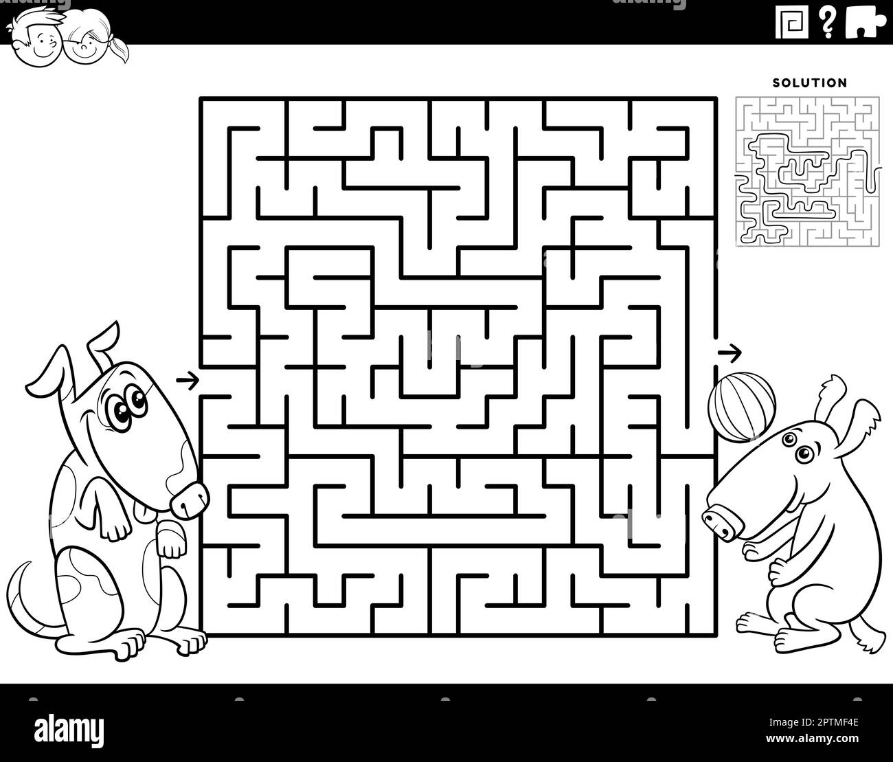 maze game with two cartoon playful dogs coloring page Stock Vector ...