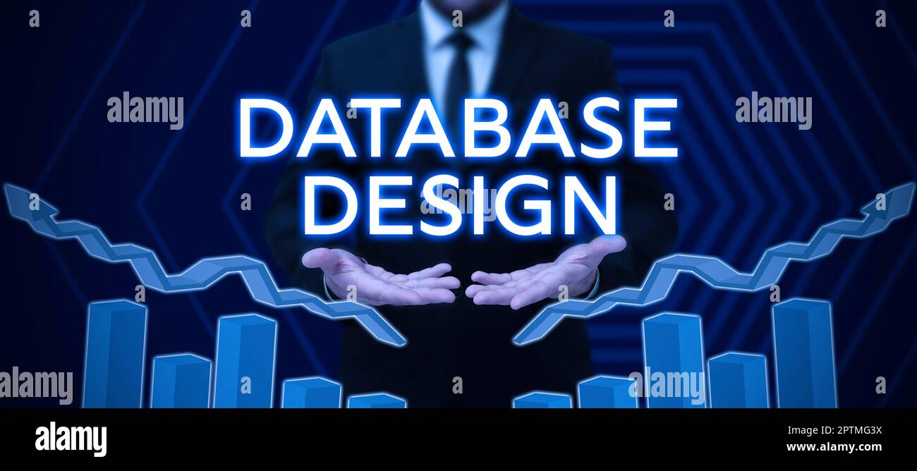 Text caption presenting Database Design, Word Written on organisation of data according to a ...