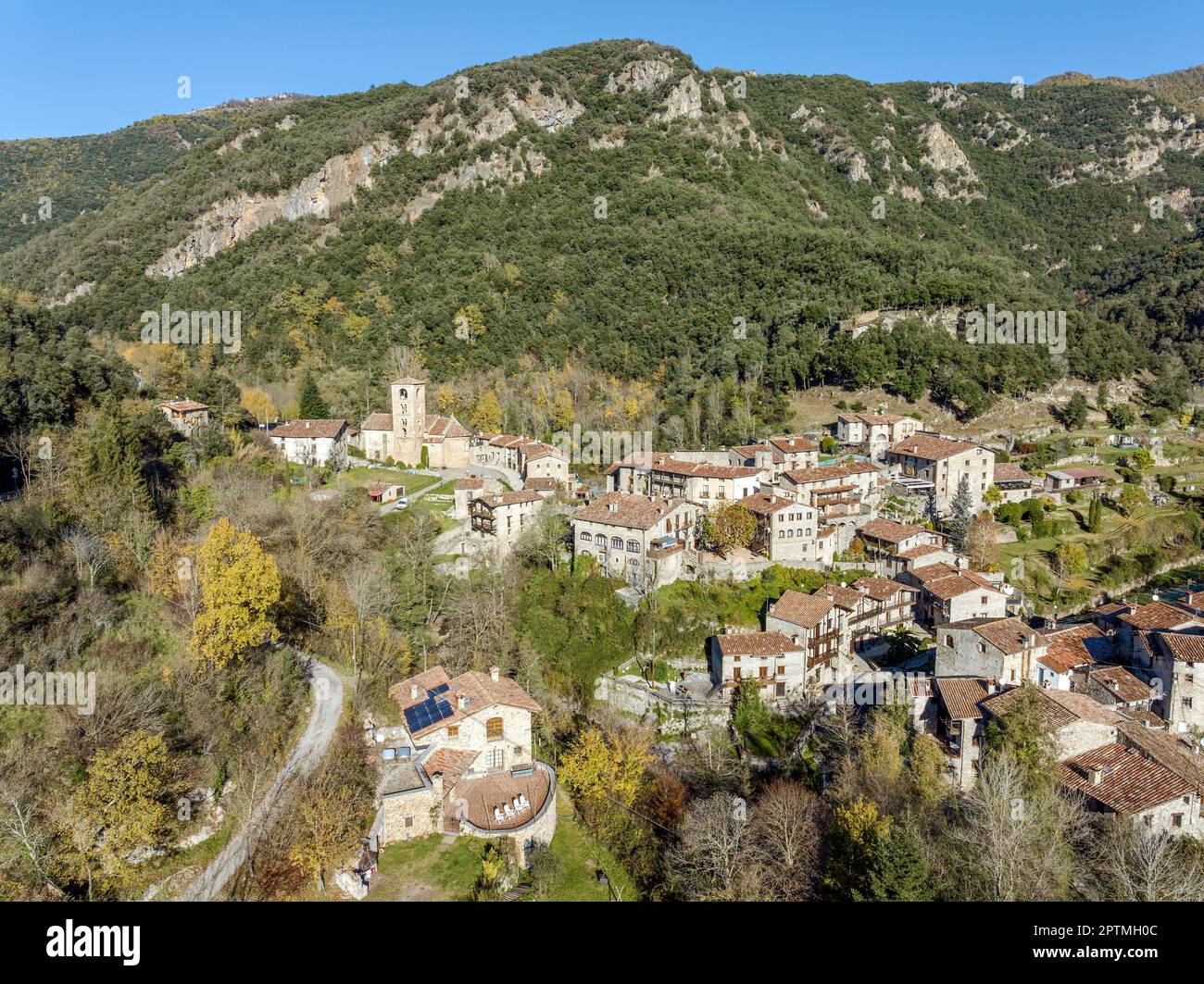 Aerial panoramic view of Beget, a small population center belonging to ...