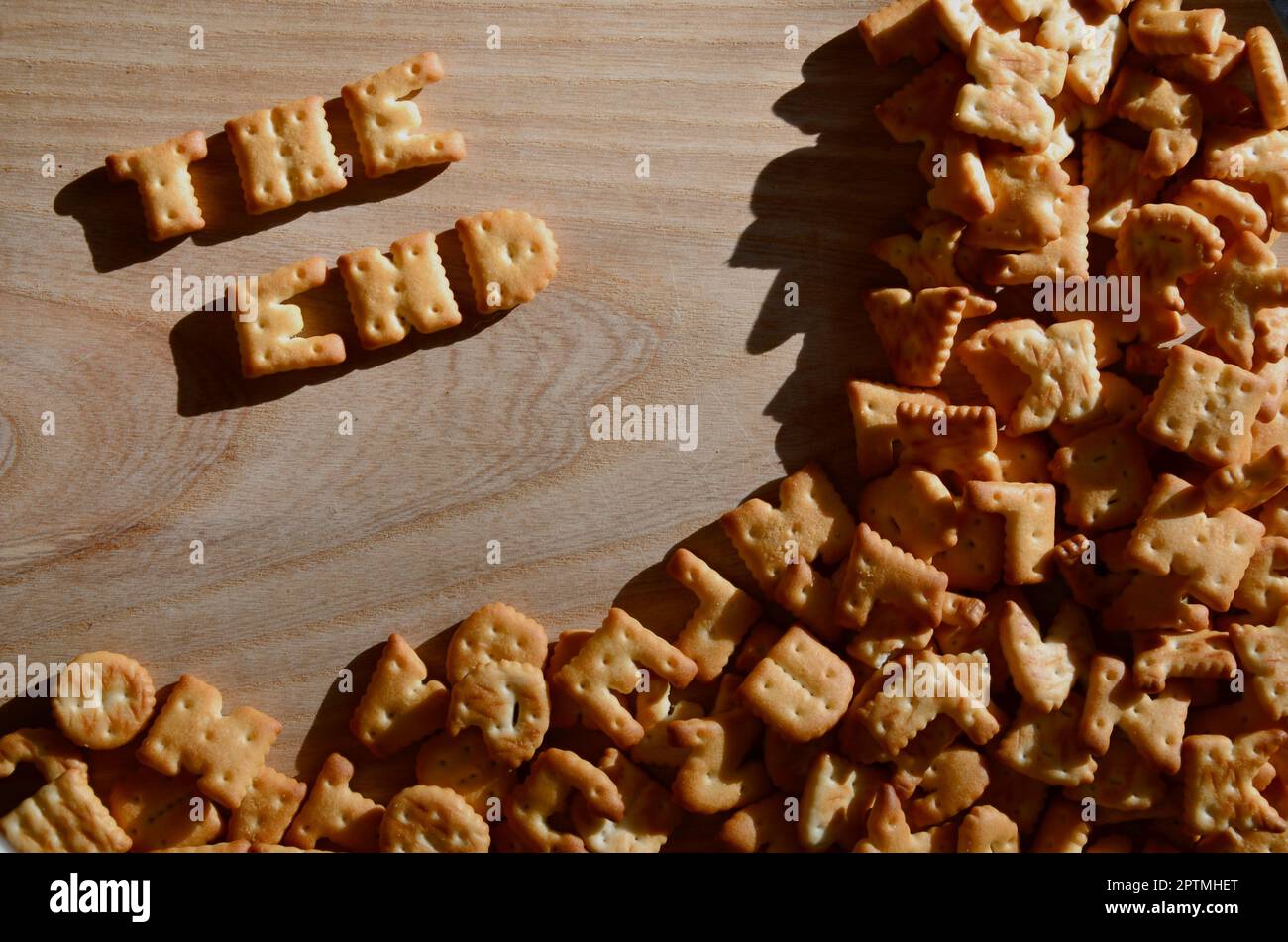 The end. Text from the salty crackers as printed English letters that ...