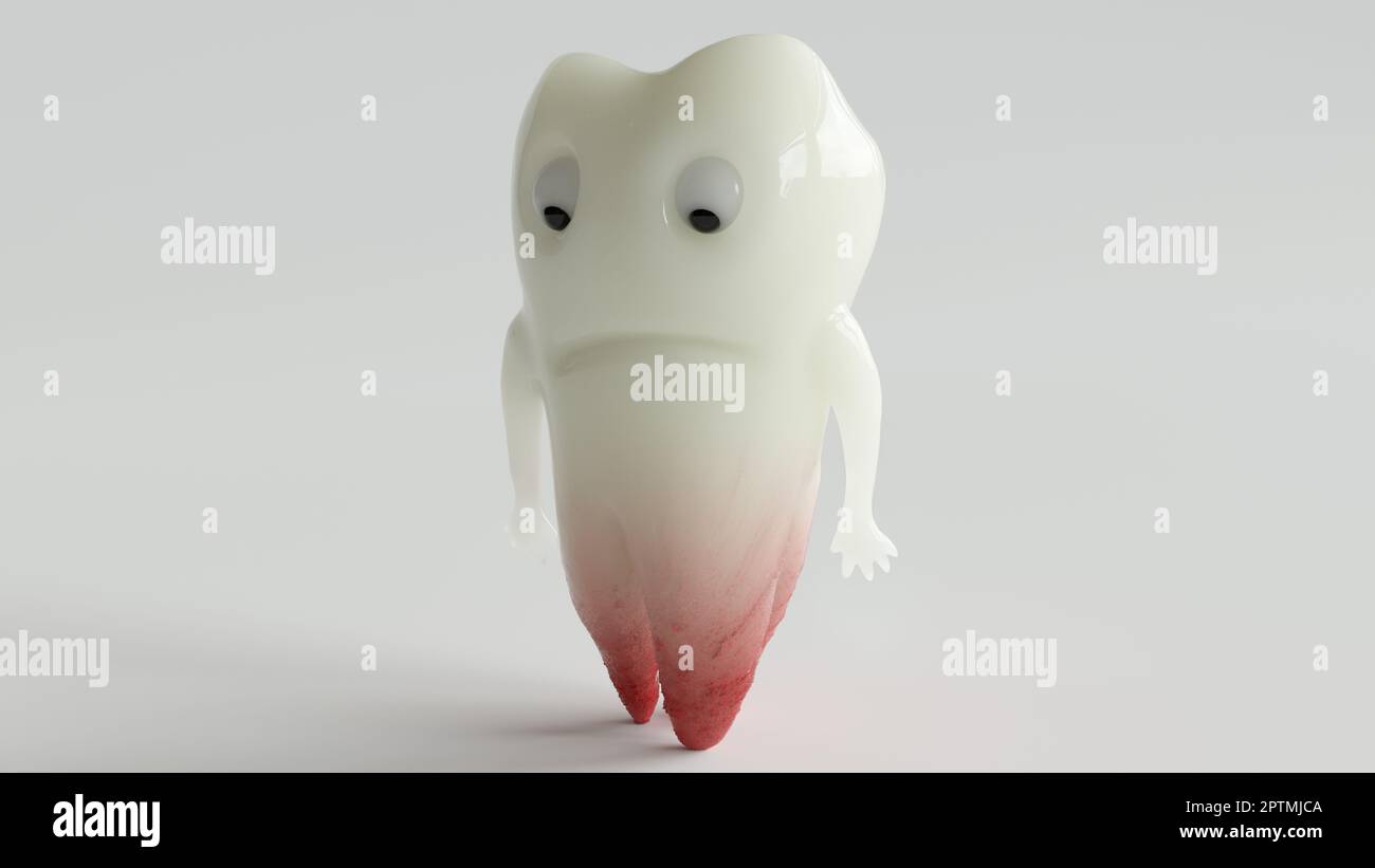 An unhappy cartoon tooth looks at his tooth root infection -- 3D ... An unhappy cartoon tooth looks at his tooth root infection -- 3D ...