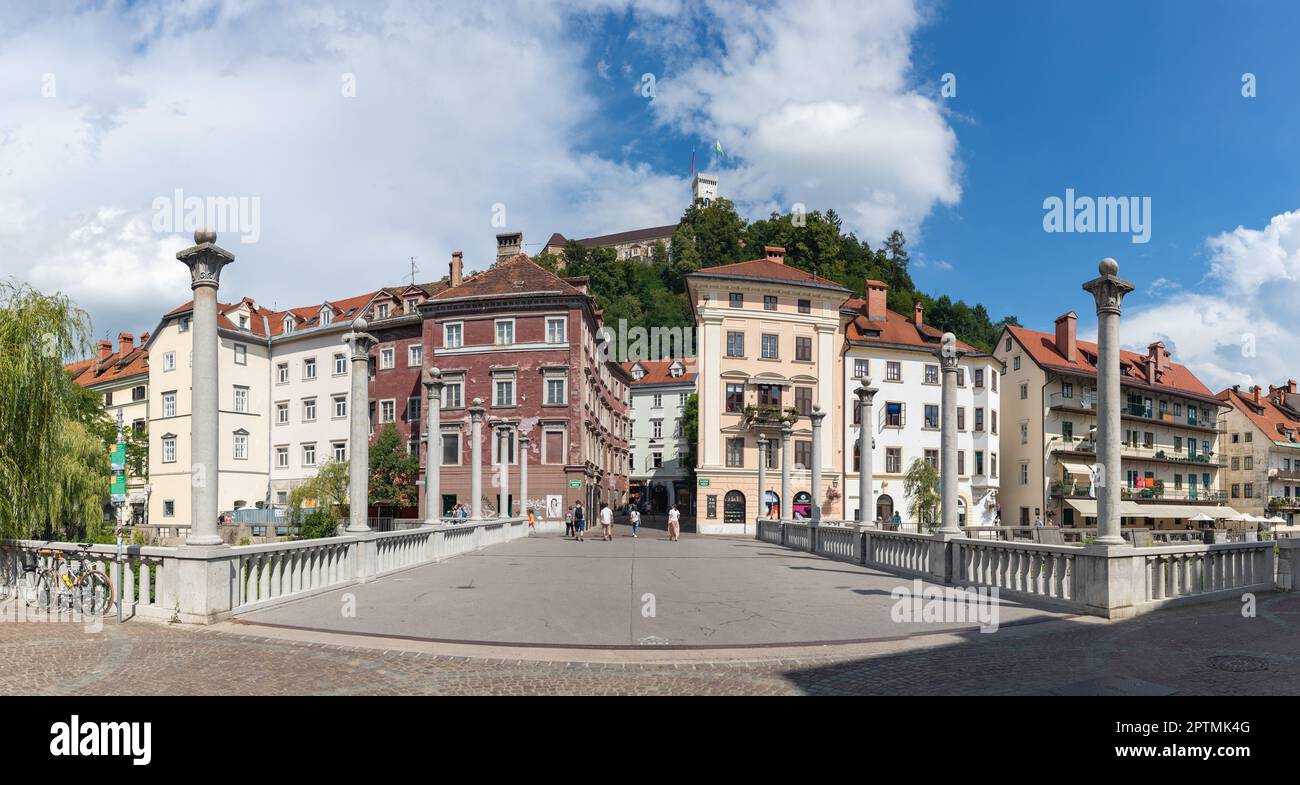 A panorama picture of the Cobblers Bridge overlooked by the Ljubljana ...