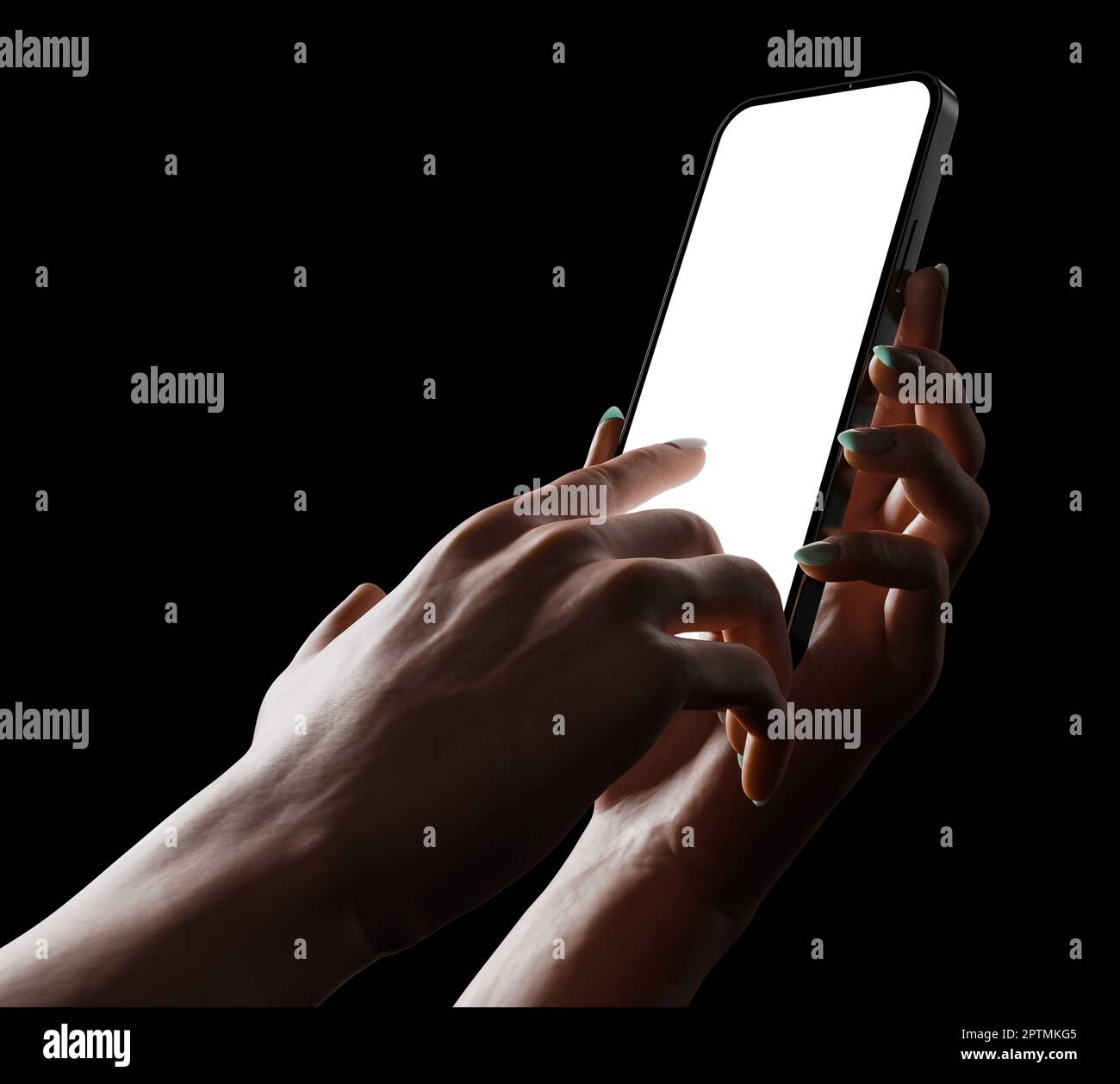 A woman's hand holds a smartphone with an empty bezel-less screen and ...