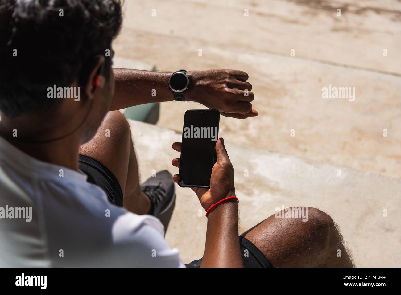 Close up Asian young athlete sport runner black man wear modern time ...