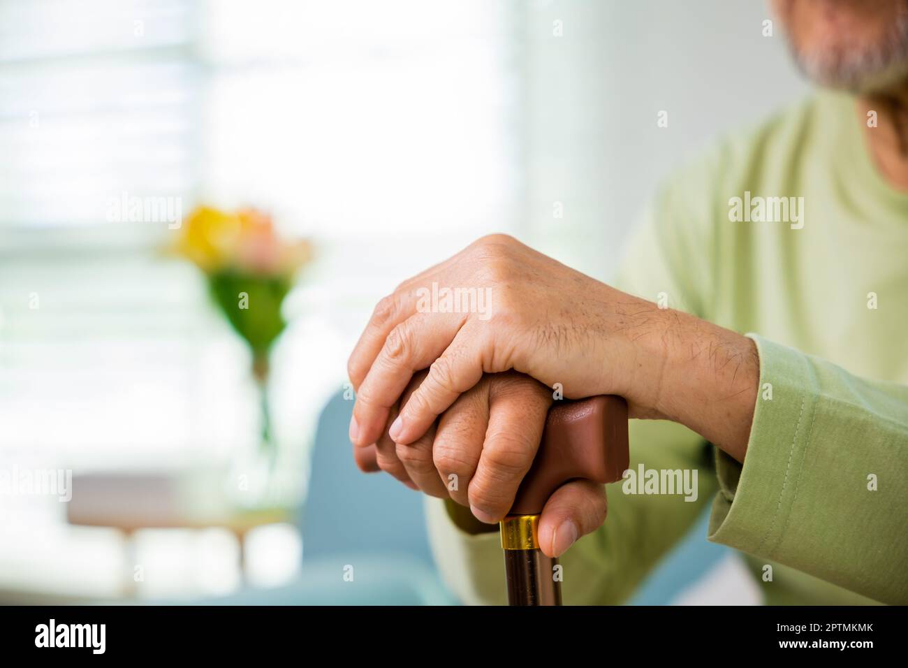 Close up hands of Asian Elderly hand holding handle of cane, senior disabled man holding walking ...