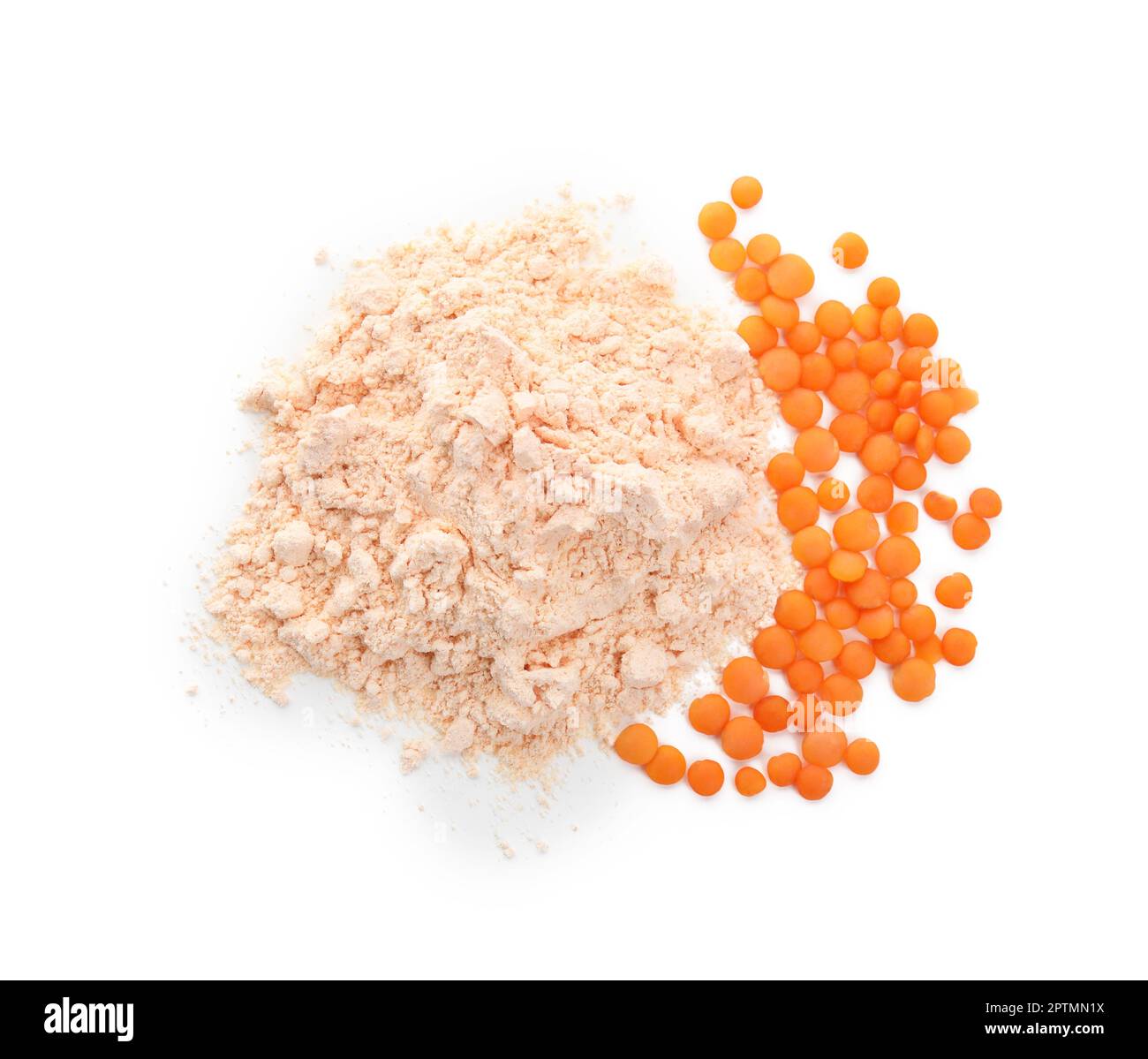 Pile of lentil flour and seeds isolated on white, top view Stock Photo ...