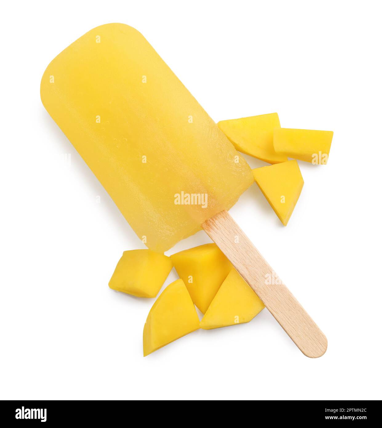 Tasty mango ice pop isolated on white, top view. Fruit popsicle Stock ...