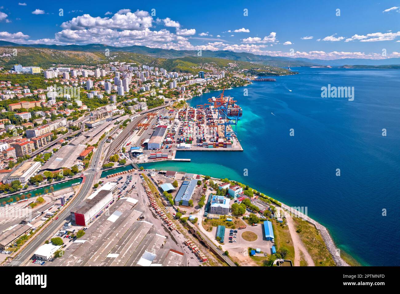Town of Rijeka and Brajdica container terminal aerial view, Kvarner bay ...