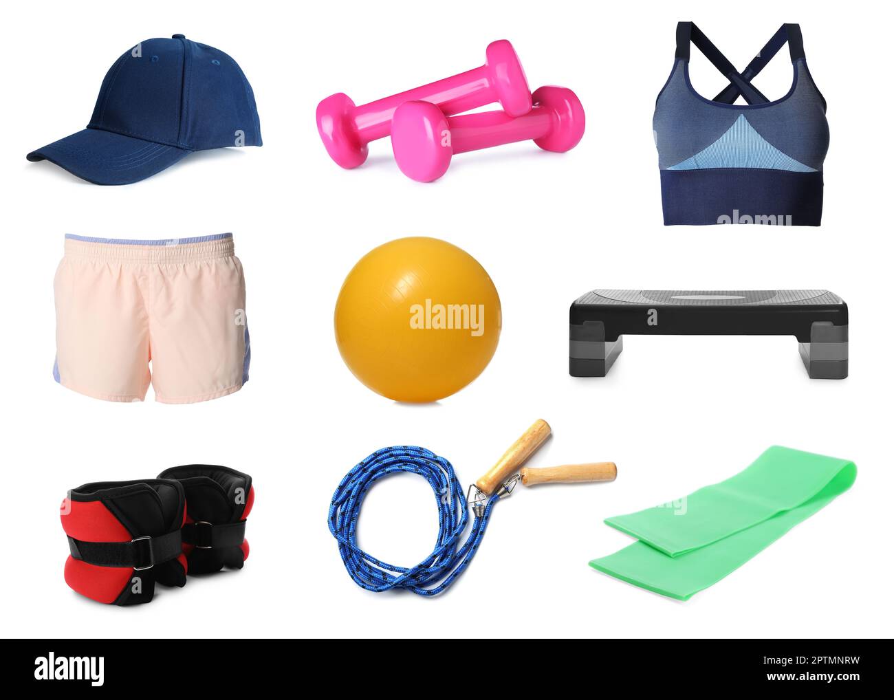 Set with different fitness equipment on white background Stock Photo ...