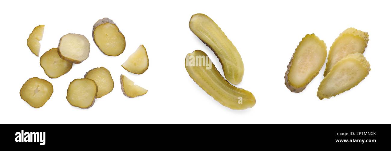 Set with tasty pickled cucumbers on white background. Banner design ...
