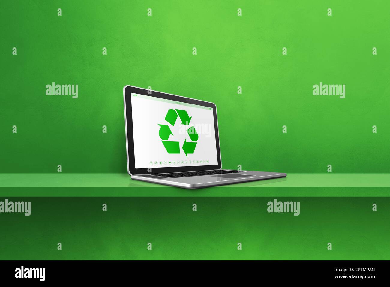 Laptop computer on a shelf with a recycling symbol on screen ...