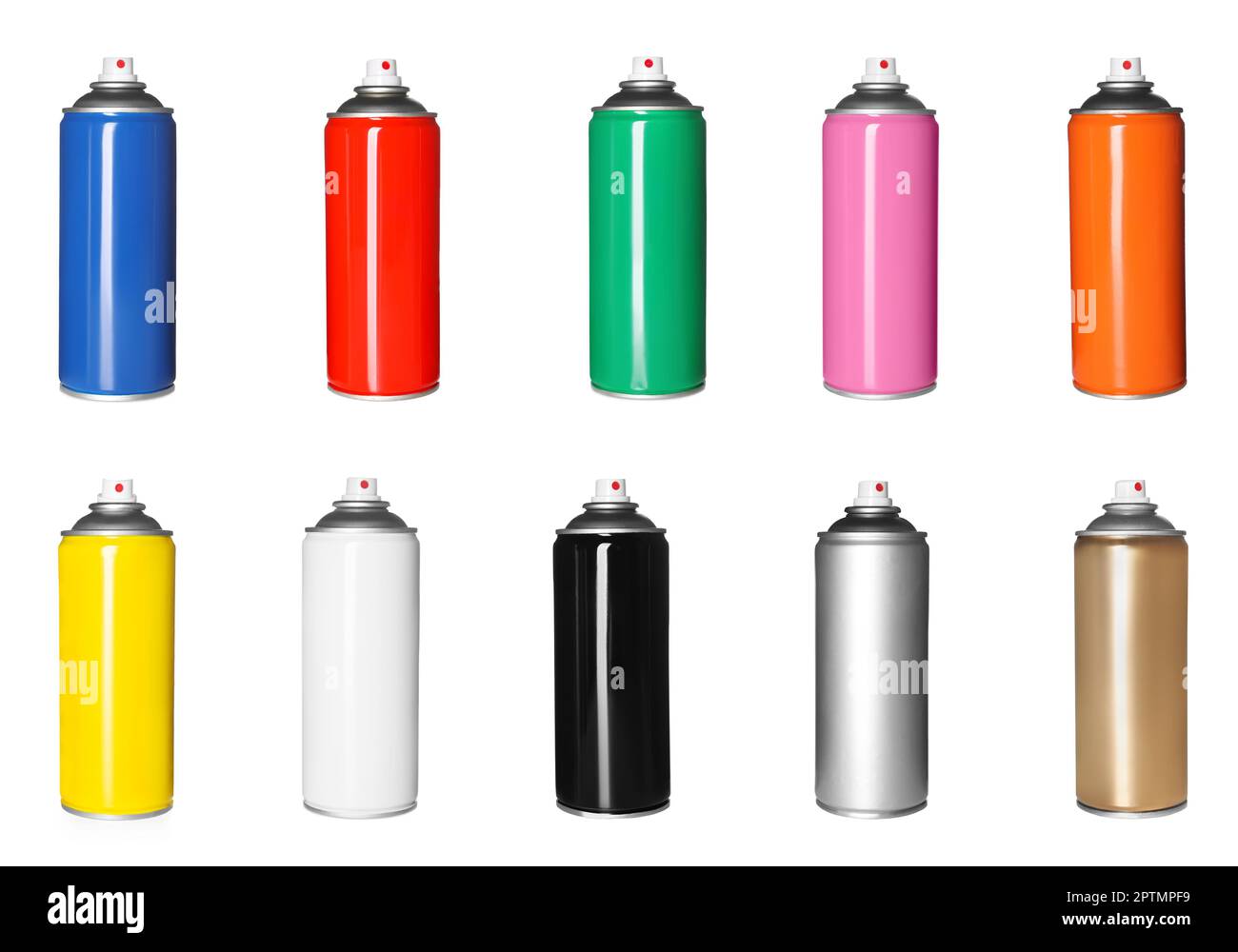 Set with colorful cans of spray paints on white background Stock Photo ...