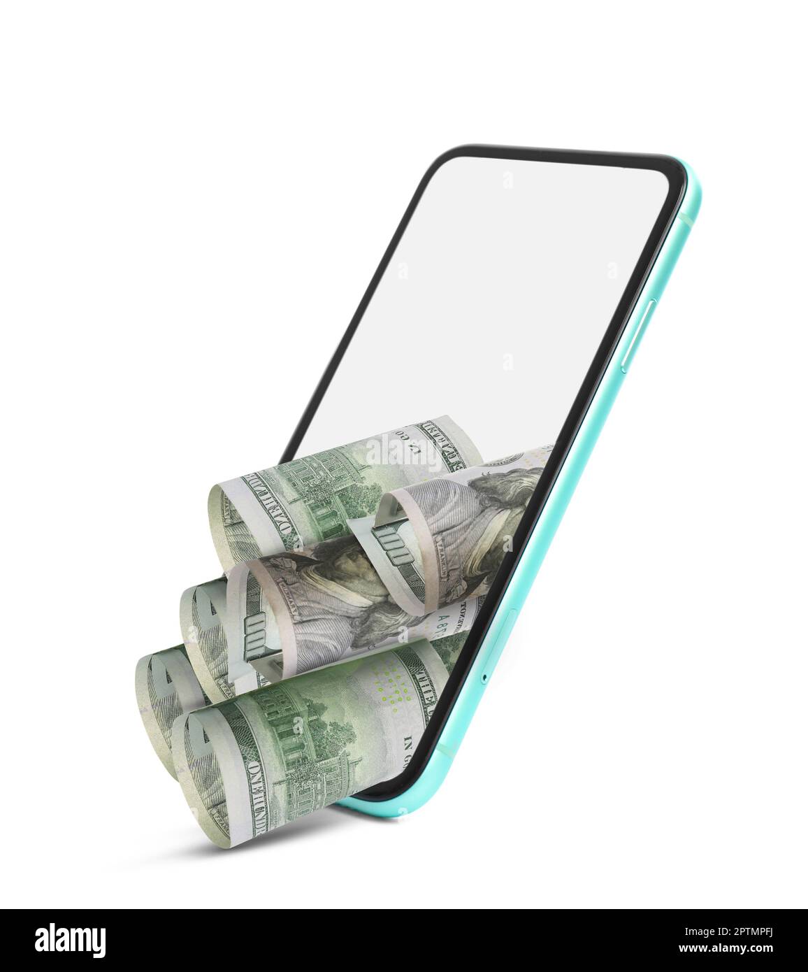 Dollar banknotes and modern smartphone on white background Stock Photo ...