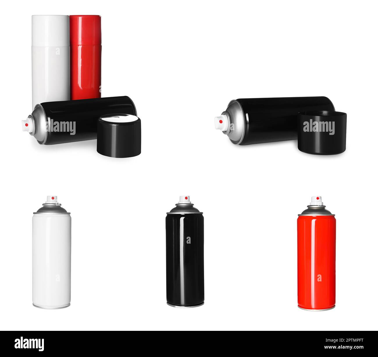 Set with different cans of spray paints on white background Stock Photo ...