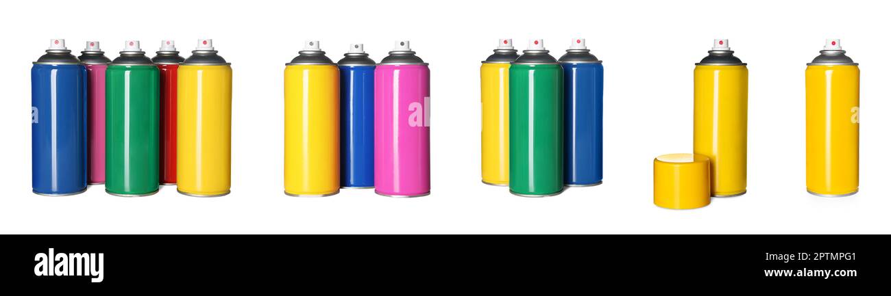 Set with colorful cans of spray paints on white background. Banner ...