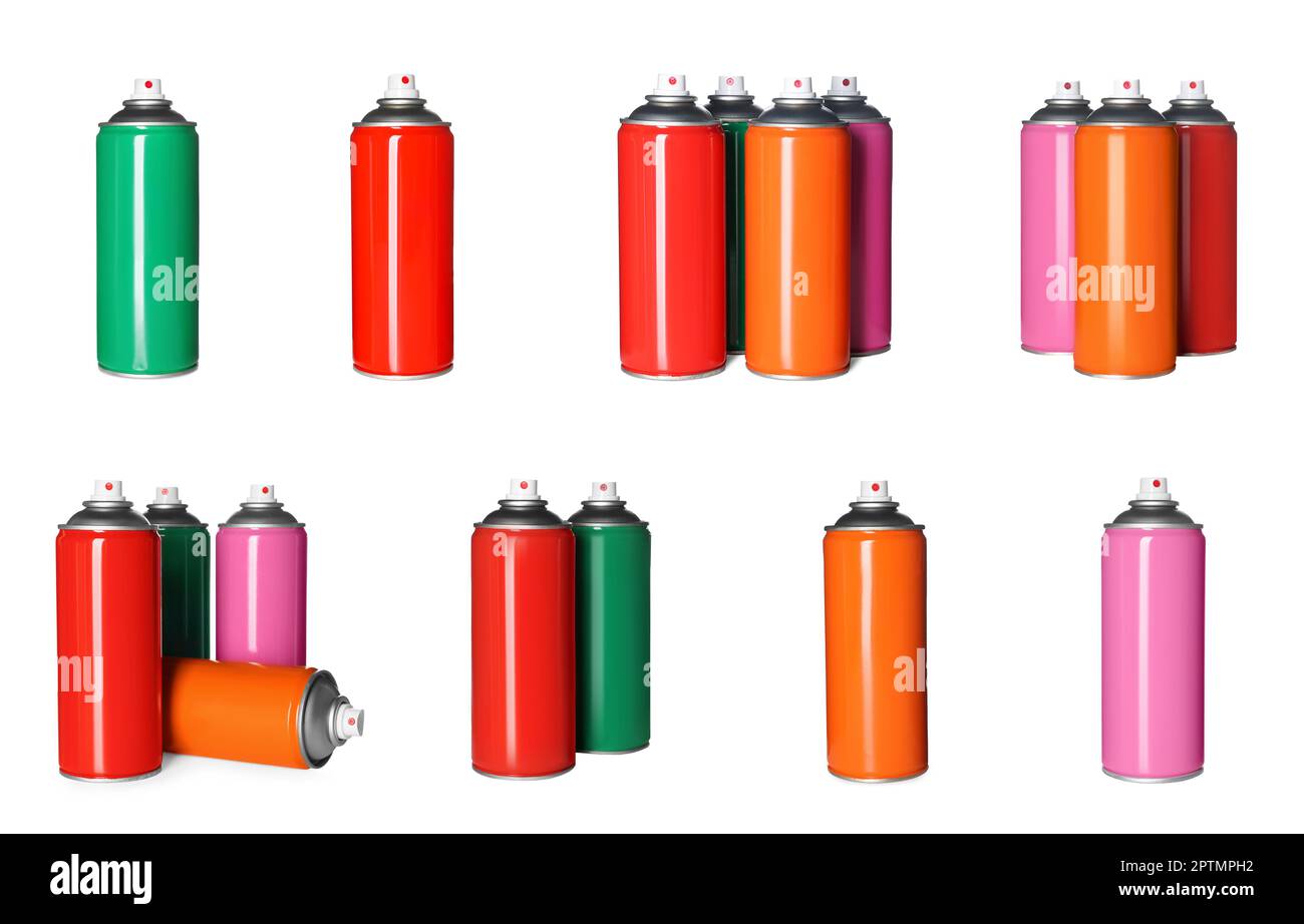 Set with colorful cans of spray paints on white background Stock Photo ...