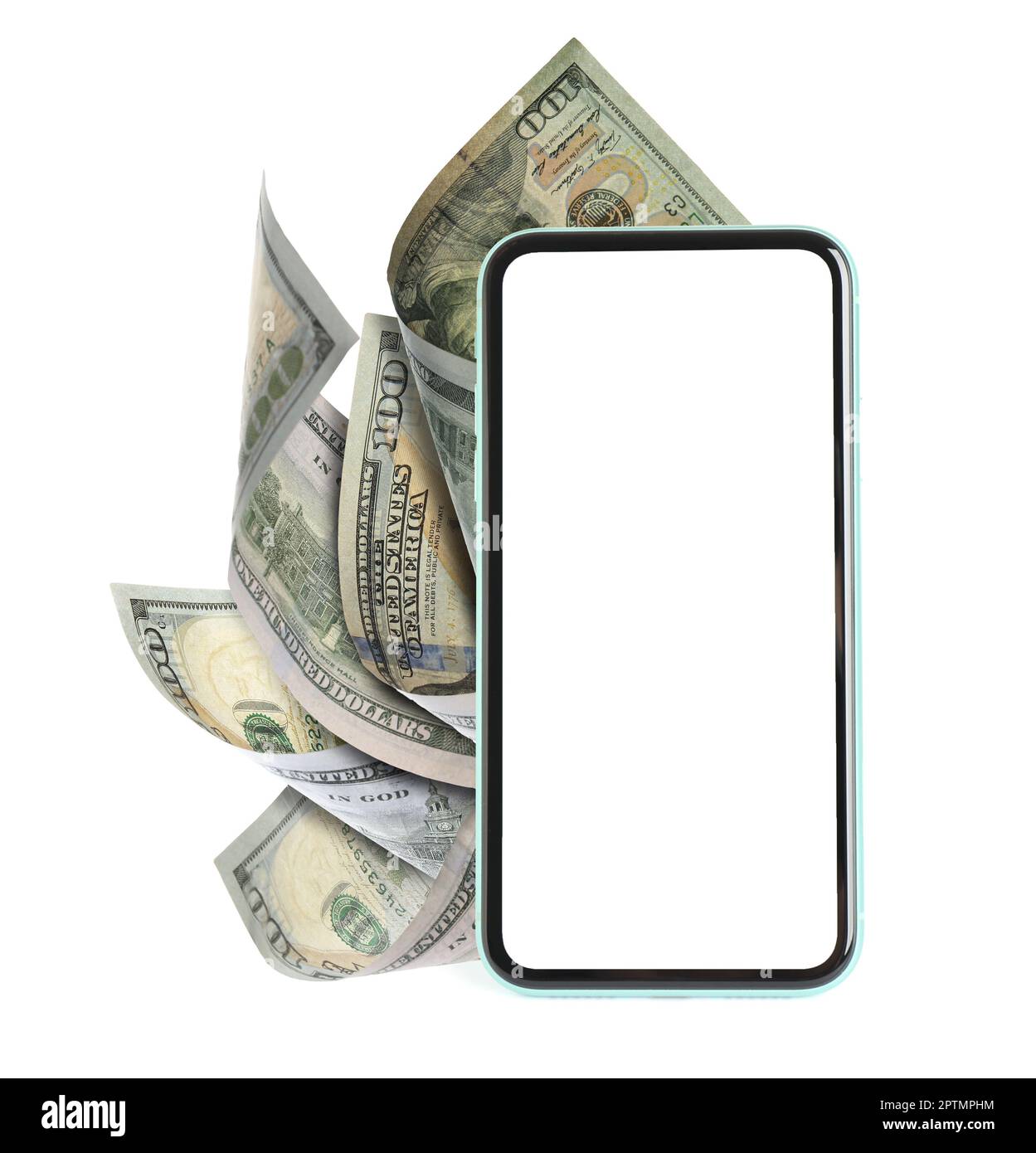 Dollar banknotes and modern smartphone on white background Stock Photo ...