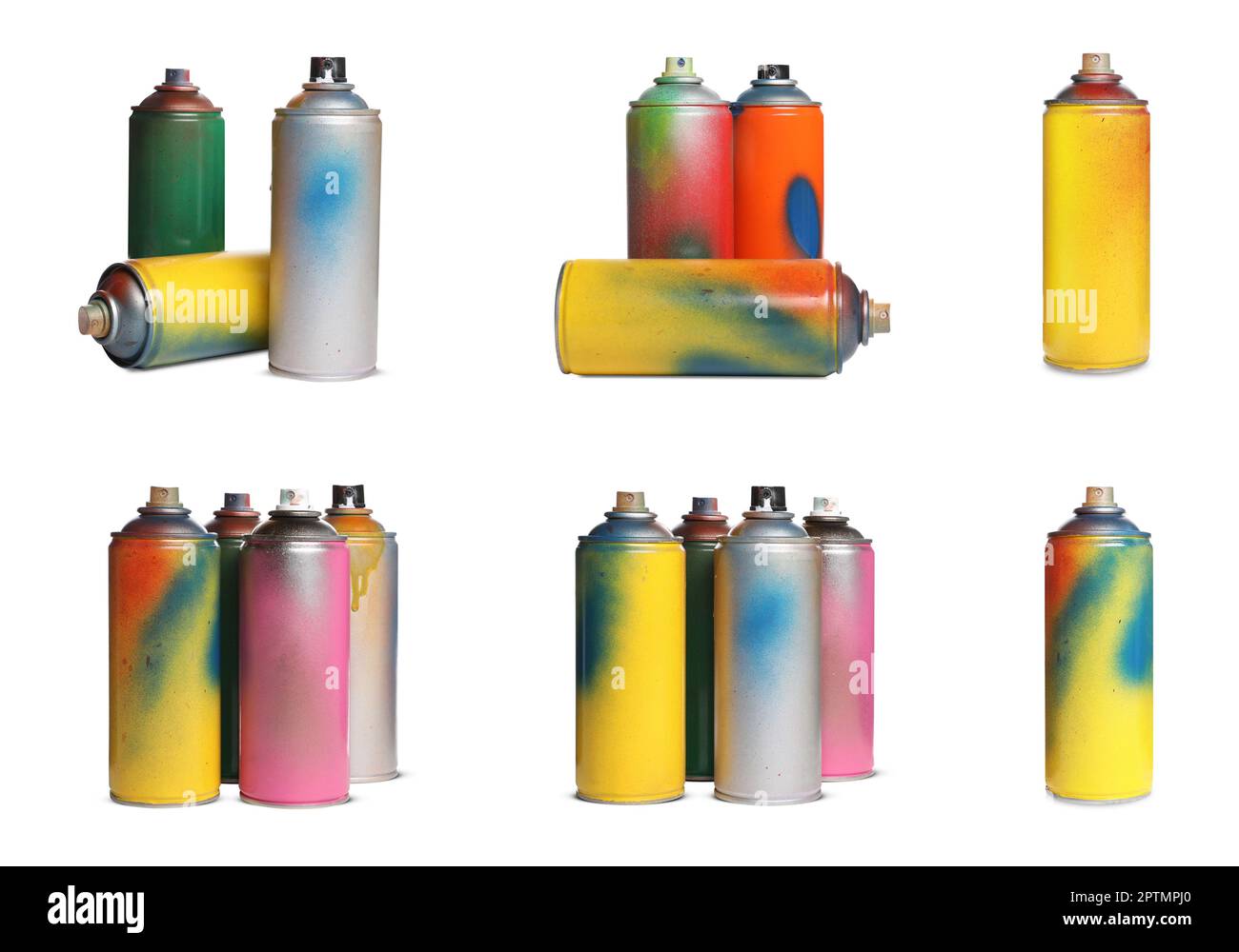 Set with used cans of spray paints on white background Stock Photo - Alamy