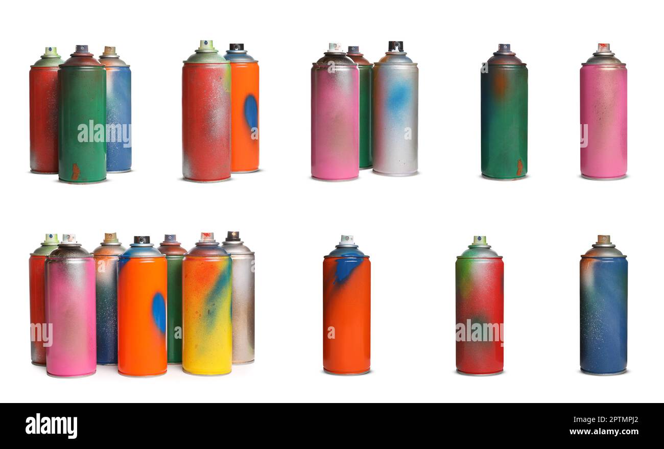 Set with used cans of spray paints on white background. Banner design ...