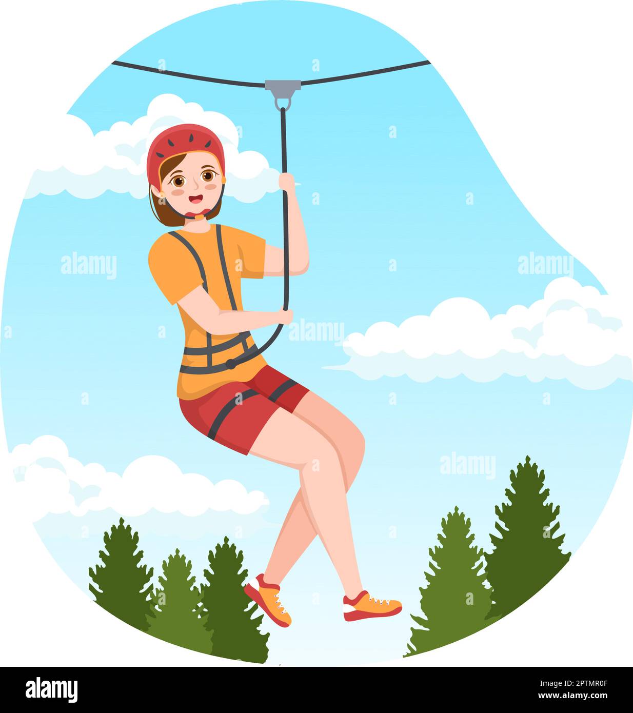 Zip Line Illustration with Visitors Walking on an Obstacle Course and ...