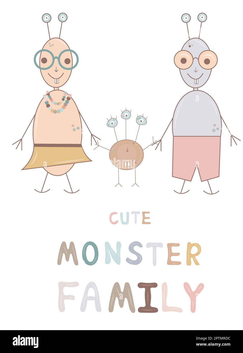 Graphic happy monsters family card template, cute monster illustration ...