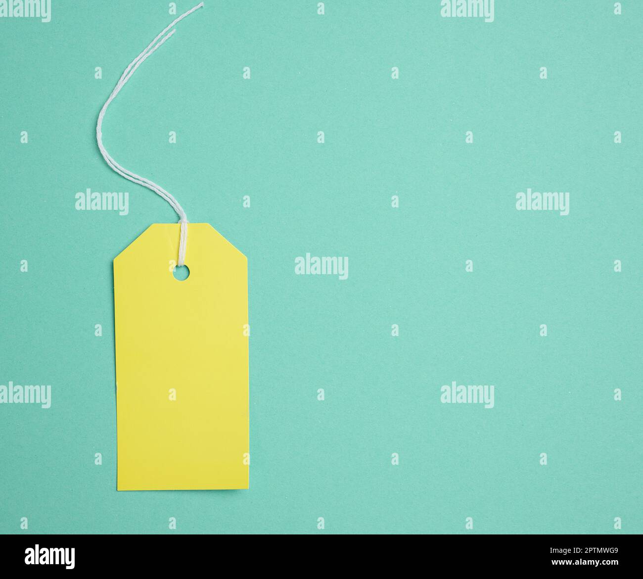 Empty yellow cardboard tag on a white rope, green background. Price tag ...