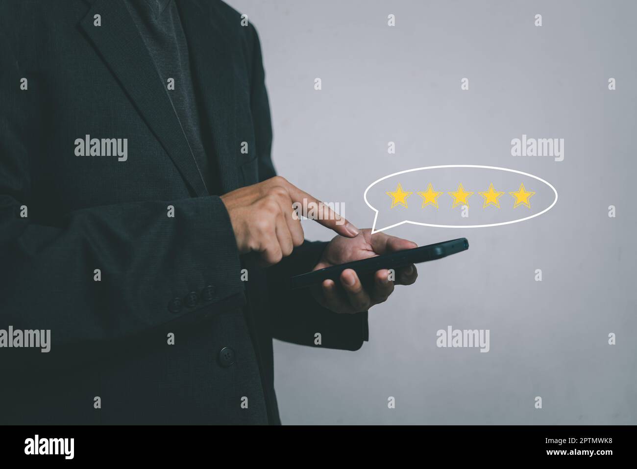 businessman hand using smart phone and give five star symbol icon for ...
