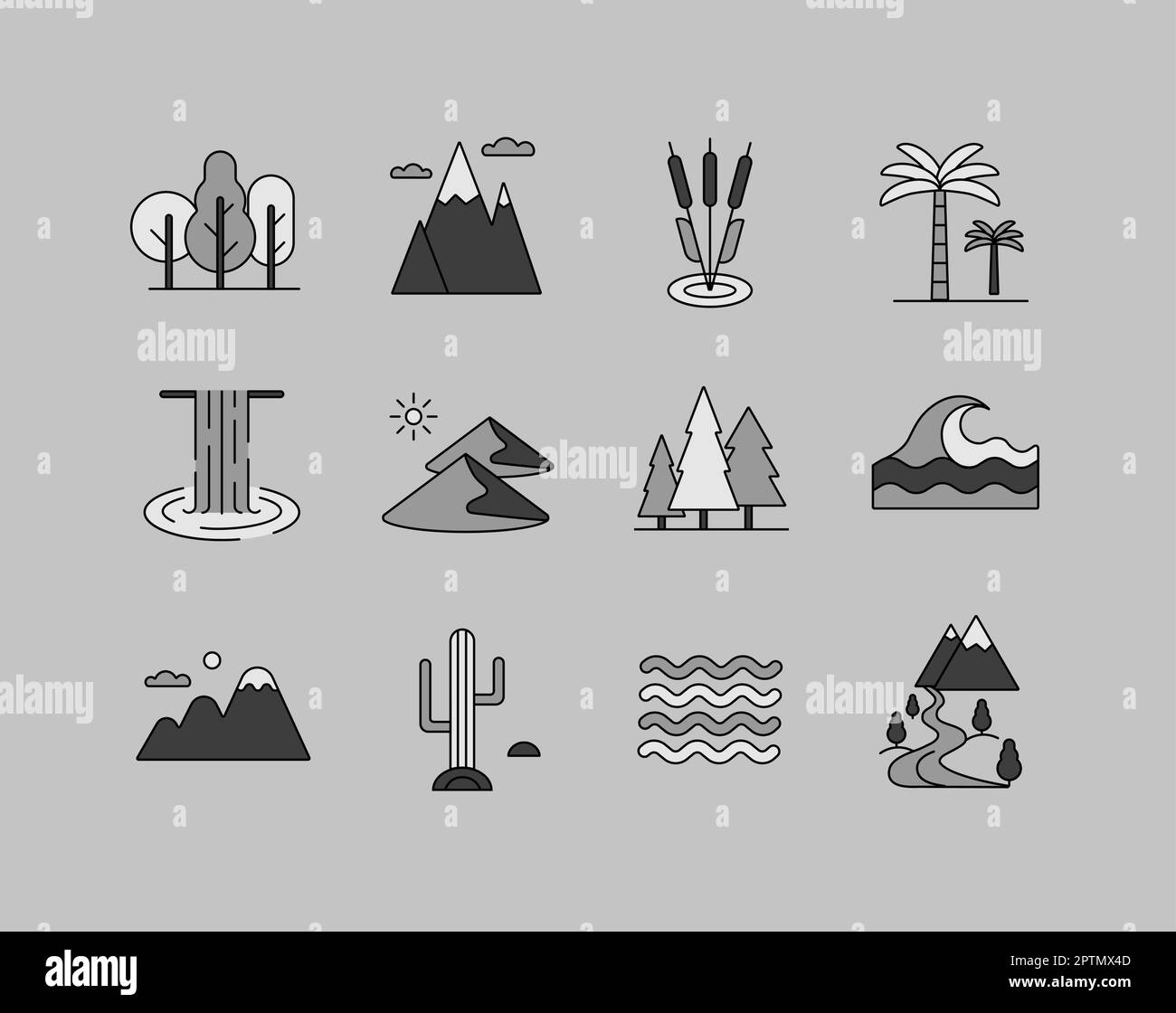 Nature vector grayscale icons set. Landscape sign Stock Vector Image ...